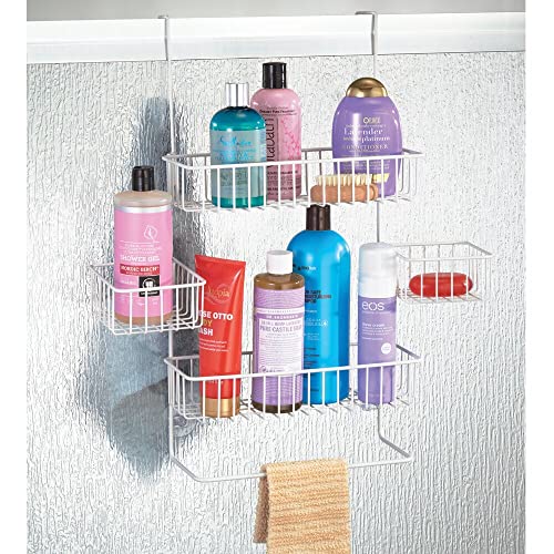 mDesign Steel Over the Door Shower Caddy - Hanging Shower Organizer Rack w/ 4 Baskets, 2 Hooks - In-Shower Hanging Caddy for Bathroom - Over Door Shower Caddy Hanger - Klypon Collection - Matte White