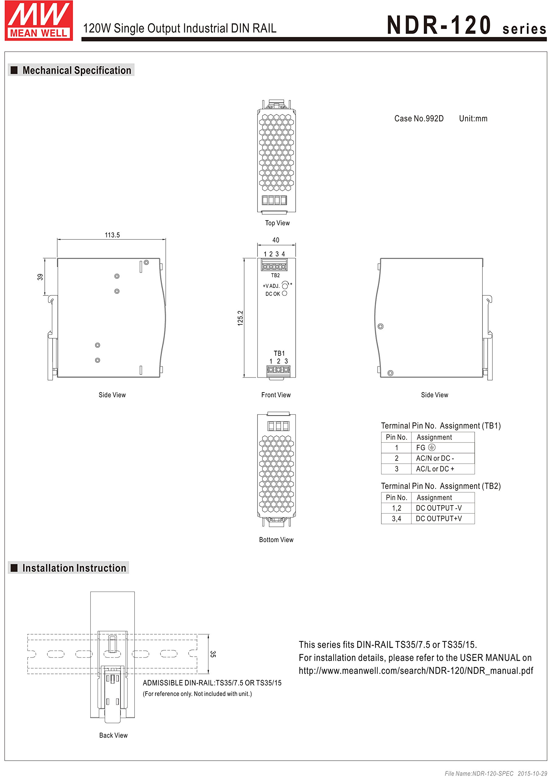 MEAN WELL NDR-120-12 DIN Rail Power Supply 120W 12V 10A Constant Current Low No-Load Loss Overheat Protection