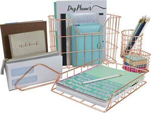 sorbus desk organizer set, rose gold 5-piece desk accessories set includes pencil cup holder, letter sorter, letter tray, hanging file organizer, and sticky note holder for home or office (copper)