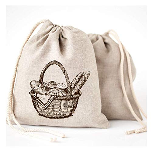 Linen Bread Bags - 3 Pack 11 x 15" Speical Art Design Natural Unbleached Linen Reusable Food Safe Storage for Homemade Artisan Bread