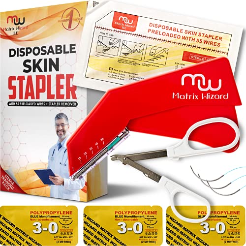 Sterile Suture Thread with Needle Plus Disposable Preloaded 55 Wire Stapler Tool - Medics, EMT, Nursing First Aid Surgical Suture Practice Kit; Outdoor Emergency Wound Training Set; Vet Use