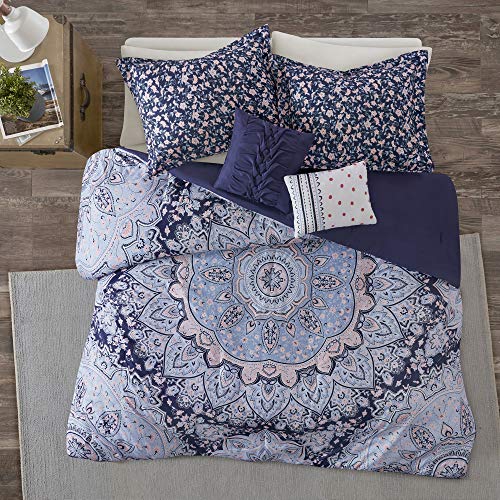 Intelligent Design Odette Cozy Comforter Set Casual Boho Medallion Floral Design Modern All Season Bedding with Matching Sham, Decorative Pillow, Full/Queen, Odette Blue 5 Piece