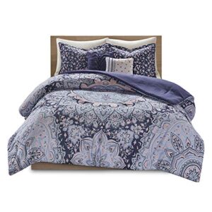 Intelligent Design Odette Cozy Comforter Set Casual Boho Medallion Floral Design Modern All Season Bedding with Matching Sham, Decorative Pillow, Full/Queen, Odette Blue 5 Piece