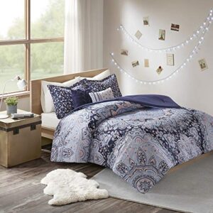 Intelligent Design Odette Cozy Comforter Set Casual Boho Medallion Floral Design Modern All Season Bedding with Matching Sham, Decorative Pillow, Full/Queen, Odette Blue 5 Piece