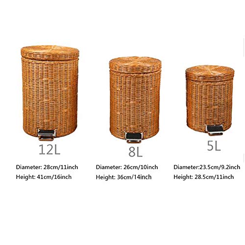 Wicker Trash Can with lid Bathroom, Rattan Step Trash Can for Kitchen Home, Silent Closure Garbage Can Removable Liner Bucket Wastebasket-2.1usgal(8L)