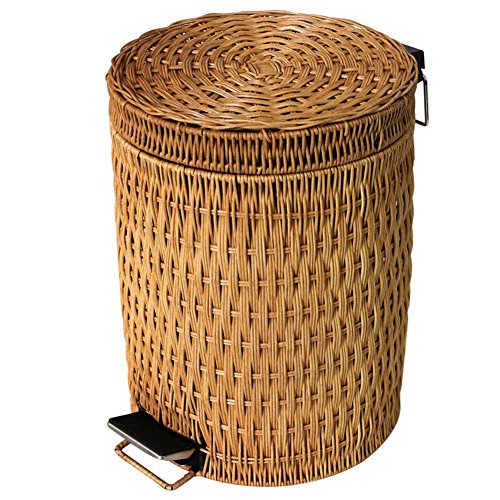 Wicker Trash Can with lid Bathroom, Rattan Step Trash Can for Kitchen Home, Silent Closure Garbage Can Removable Liner Bucket Wastebasket-2.1usgal(8L)