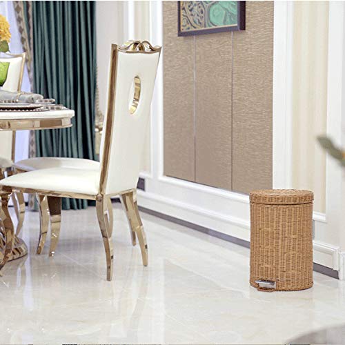 Wicker Trash Can with lid Bathroom, Rattan Step Trash Can for Kitchen Home, Silent Closure Garbage Can Removable Liner Bucket Wastebasket-2.1usgal(8L)