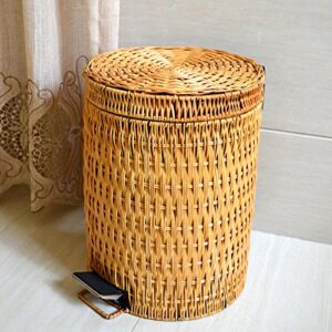 Wicker Trash Can with lid Bathroom, Rattan Step Trash Can for Kitchen Home, Silent Closure Garbage Can Removable Liner Bucket Wastebasket-2.1usgal(8L)