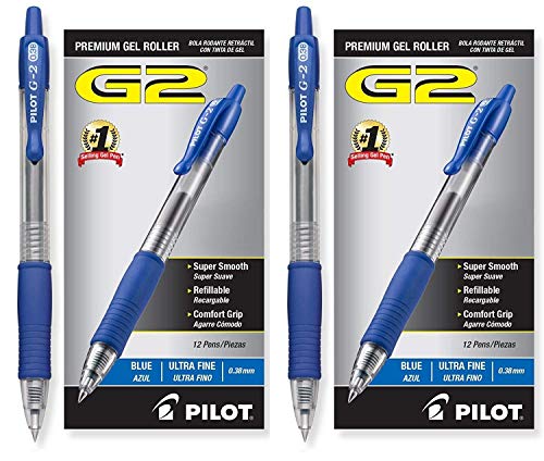 Pilot G2 Retractable Premium Gel Ink Roller Ball Pens, Ultra Fine, 24 Pack, Blue