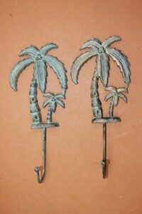 lanai bath decor tropical palm tree bath hook cast iron bronze-look, 9 1/2", set of 2