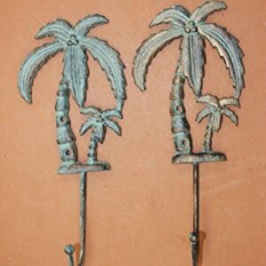 Lanai Bath Decor Tropical Palm Tree Bath Hook Cast Iron Bronze-Look, 9 1/2", Set of 2