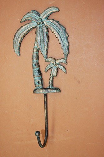 Lanai Bath Decor Tropical Palm Tree Bath Hook Cast Iron Bronze-Look, 9 1/2", Set of 2