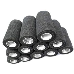 WildCow 4" Black Vet Wrap Tape Bulk, 12 Pack Cohesive Bandage Wrap, Self Adherent Grip Rolls