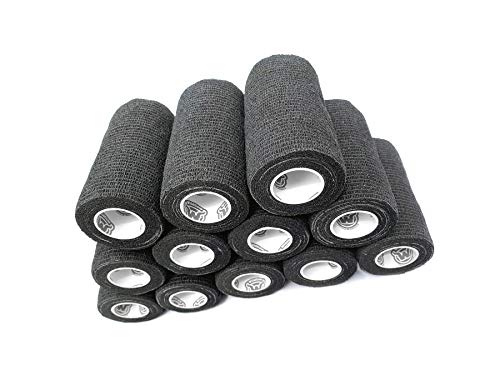 WildCow 4" Black Vet Wrap Tape Bulk, 12 Pack Cohesive Bandage Wrap, Self Adherent Grip Rolls