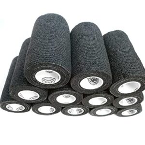 WildCow 4" Black Vet Wrap Tape Bulk, 12 Pack Cohesive Bandage Wrap, Self Adherent Grip Rolls