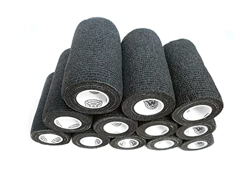 WildCow 4" Black Vet Wrap Tape Bulk, 12 Pack Cohesive Bandage Wrap, Self Adherent Grip Rolls