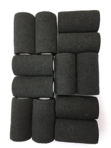 WildCow 4" Black Vet Wrap Tape Bulk, 12 Pack Cohesive Bandage Wrap, Self Adherent Grip Rolls