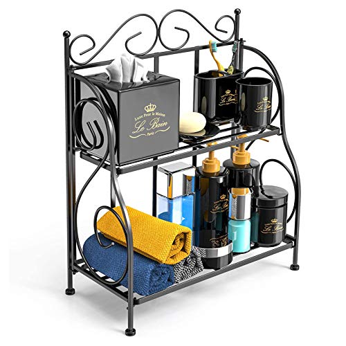 Bathroom Countertop Organizer, F-color 2 Tier Collapsible Kitchen Counter Spice Rack Jars Bottle Shelf Organizer Rack, Black