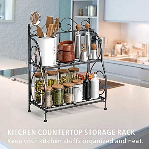 Bathroom Countertop Organizer, F-color 2 Tier Collapsible Kitchen Counter Spice Rack Jars Bottle Shelf Organizer Rack, Black