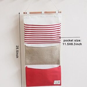 TopAAA Fish Extender Hanger Linen Cotton Fabric Wall Door Hanging Organizer Hanging Storage Bag 3 Pockets (Red)