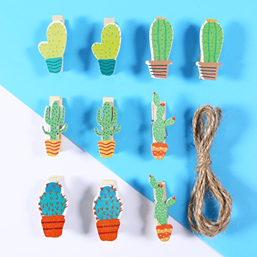 BESTOYARD 10pcs Cactus Mini Colored Wooden Clothespins Crafts Photo Clips with 1 Hemp Rope