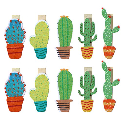 BESTOYARD 10pcs Cactus Mini Colored Wooden Clothespins Crafts Photo Clips with 1 Hemp Rope