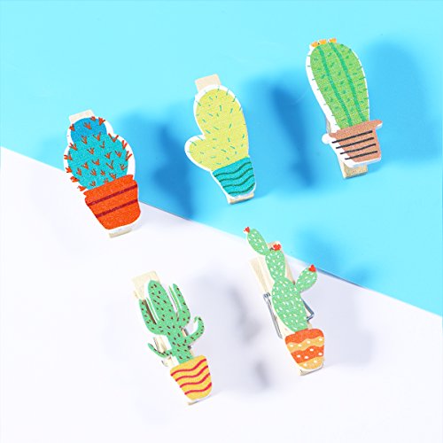 BESTOYARD 10pcs Cactus Mini Colored Wooden Clothespins Crafts Photo Clips with 1 Hemp Rope