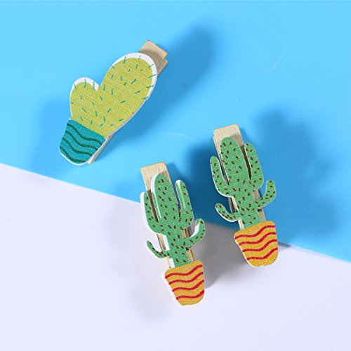 BESTOYARD 10pcs Cactus Mini Colored Wooden Clothespins Crafts Photo Clips with 1 Hemp Rope