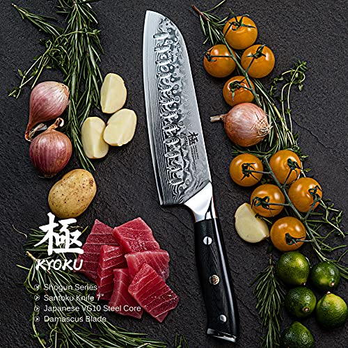 KYOKU Santoku Knife - 7" - Shogun Series - Japanese VG10 Steel Core Forged Damascus Blade - with Sheath & Case