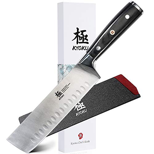 KYOKU Samurai Series - Nakiri Japanese Vegetable Knife 7" - Full Tang - Japanese High Carbon Steel Kitchen Knives - Pakkawood Handle with Mosaic Pin - with Sheath & Case