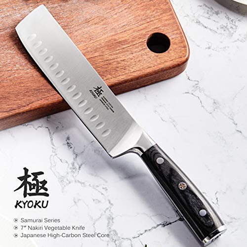 KYOKU Samurai Series - Nakiri Japanese Vegetable Knife 7" - Full Tang - Japanese High Carbon Steel Kitchen Knives - Pakkawood Handle with Mosaic Pin - with Sheath & Case