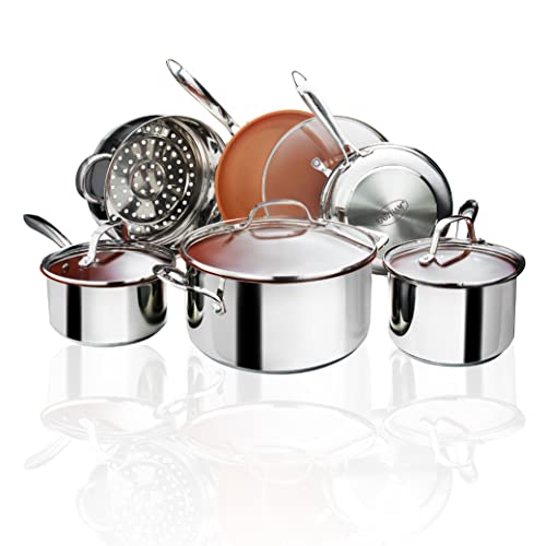 Gotham Steel 10 Piece Pro Chef Cookware Set Premium Copper Nonstick Pots and Pans– Tri-Ply Bonded, Coated with Titanium and Ceramic Surface for The Ultimate Release – Dishwasher Safe, Stainless Steel