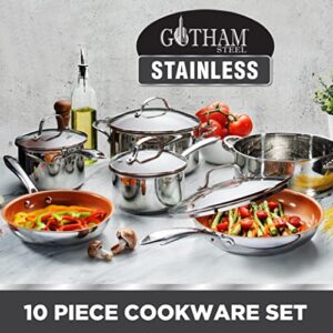 Gotham Steel 10 Piece Pro Chef Cookware Set Premium Copper Nonstick Pots and Pans– Tri-Ply Bonded, Coated with Titanium and Ceramic Surface for The Ultimate Release – Dishwasher Safe, Stainless Steel