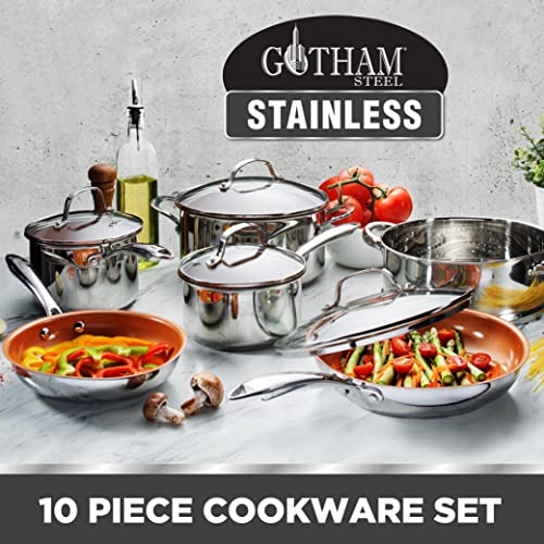 Gotham Steel 10 Piece Pro Chef Cookware Set Premium Copper Nonstick Pots and Pans– Tri-Ply Bonded, Coated with Titanium and Ceramic Surface for The Ultimate Release – Dishwasher Safe, Stainless Steel