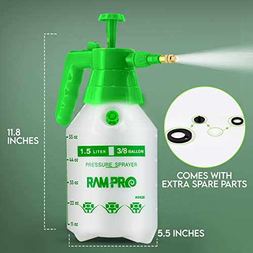 Garden Sprayer, ⅜ Gallon Pump Sprayer, 1.5L Weed Sprayer, 55 Oz Water Sprayer| Pump Spray Bottle For Lawn Sprayer, Plant Mister, Safety Valve & Adjustable Brass Nozzle, Pressure Hand Sprayer By RamPro