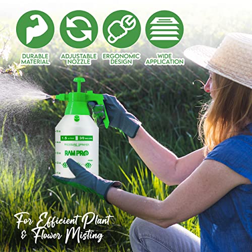 Garden Sprayer, ⅜ Gallon Pump Sprayer, 1.5L Weed Sprayer, 55 Oz Water Sprayer| Pump Spray Bottle For Lawn Sprayer, Plant Mister, Safety Valve & Adjustable Brass Nozzle, Pressure Hand Sprayer By RamPro