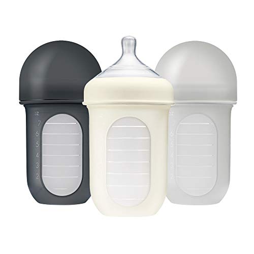 Boon NURSH Reusable Silicone Baby Bottles with Collapsible Silicone Pouch Design — Everyday Baby Essentials — 3 Count — Stage 2 Medium Flow — 8 Oz — Gray