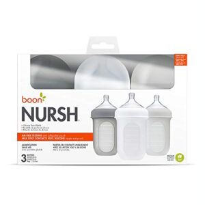 Boon NURSH Reusable Silicone Baby Bottles with Collapsible Silicone Pouch Design — Everyday Baby Essentials — 3 Count — Stage 2 Medium Flow — 8 Oz — Gray