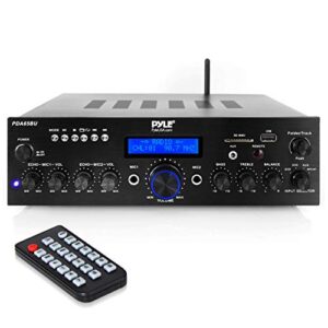 pyle wireless bluetooth power amplifier system - 200w dual channel sound audio stereo receiver w/ usb, aux, mic in w/ echo, radio - for home theater entertainment via rca, studio use - pda65bu,black