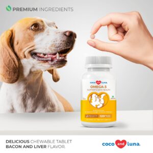 Omega 3 for Dogs - Fish Oil for Dogs Skin and Coat - 120 Chewable Tablets - Omega 3 6 9, EPA & DHA Fatty Acids for Dog Shedding, Dry Skin & Heart Support