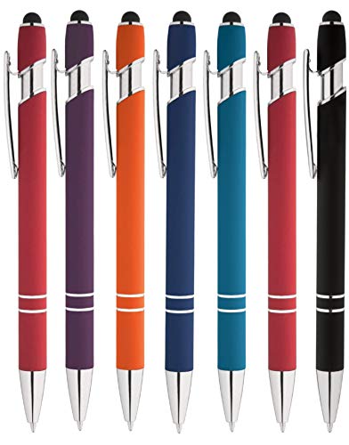 Rainbow Rubberized Soft Touch Ballpoint Pen with Stylus Tip a stylish, premium metal pen, black ink, medium point. Box of 7 (ASSORTMENT)