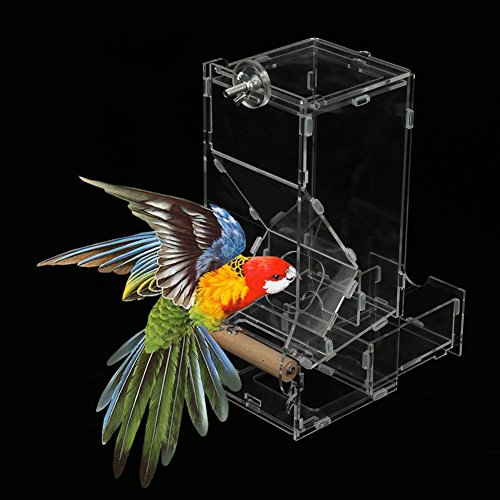 No Mess Acrylic Pet Parrots Birds Feeder with Perch Cage Automatic Food Feeder Cage Toy Parakeet Seed Food Container(L Single Type)