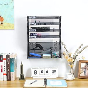 PAG Hanging Wall File Holder Mail Sorter Magazine Rack Office Supplies Metal Mesh Desk Organizer, 6 Tier, Black