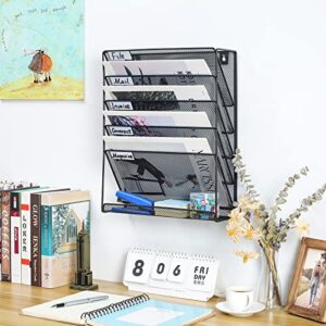 PAG Hanging Wall File Holder Mail Sorter Magazine Rack Office Supplies Metal Mesh Desk Organizer, 6 Tier, Black