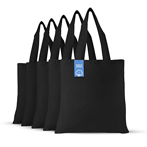 Simply Green Solutions Reusable Cotton Cloth Grocery Craft Bag, 15 x 16 Reusable Tote with Handle, Pack of 5, Black