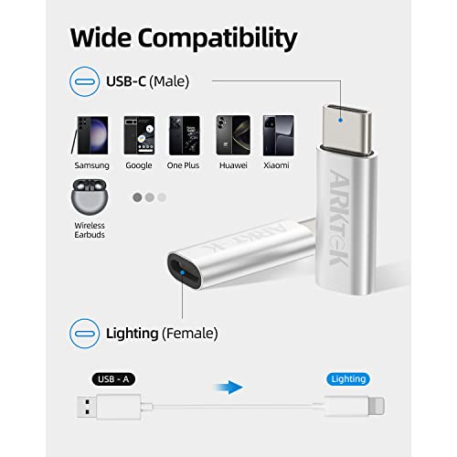 ARKTEK USB-C Adapter i OS Lighting Cable (Female) to USB Type C (Male) - Only Charging Adapter for Phone 13 Galaxy S20 Note 10 Pixel 4 and More (2 Pack, Silver)