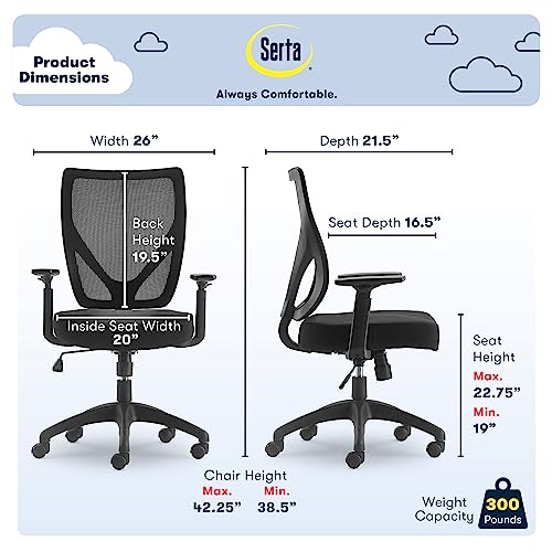 Serta Production Office Chair with Nylon Base, Adjustable Ergonomic Midback Lumbar Support, Breathable Mesh Back, Black