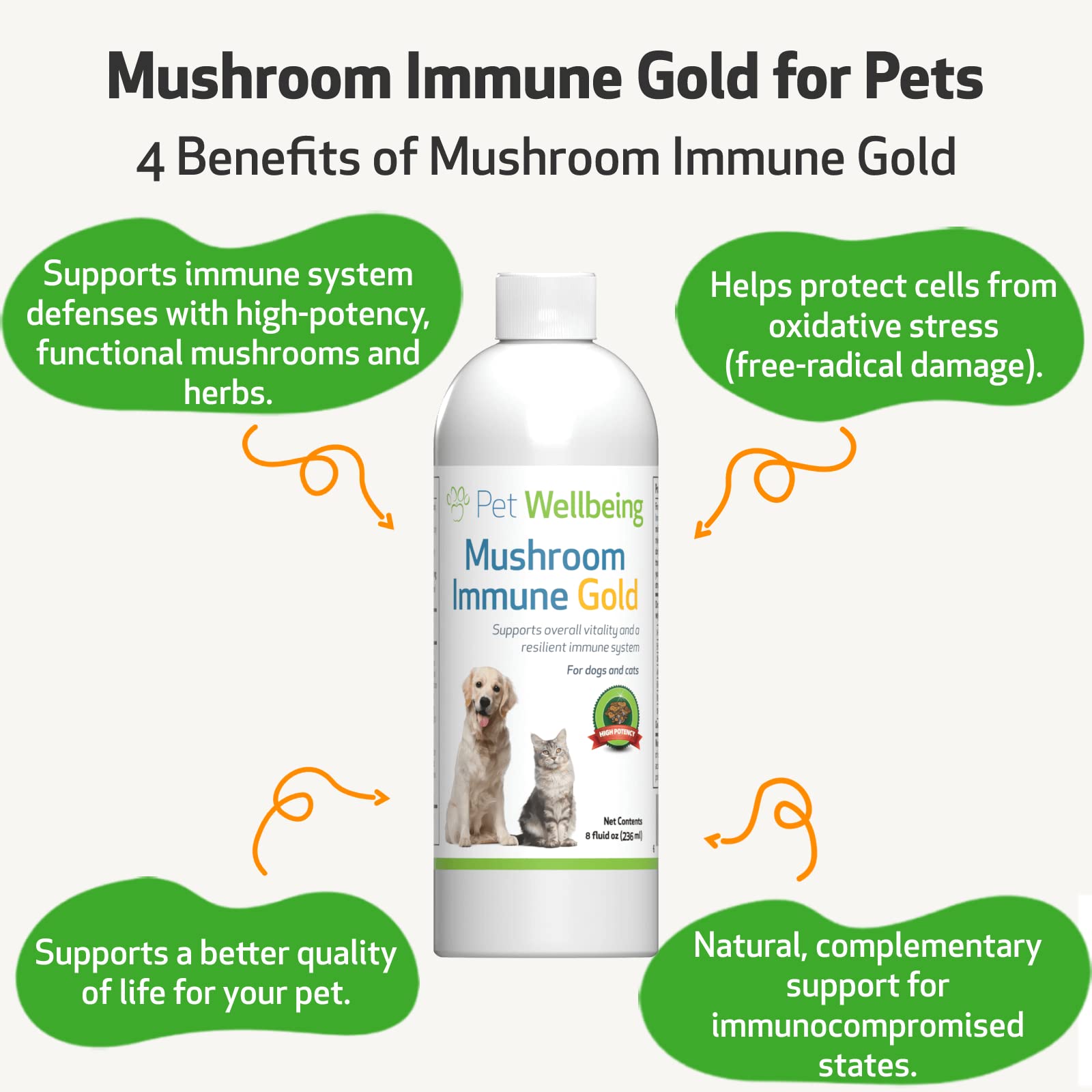 Pet Wellbeing - Mushroom Immune Gold - Natural Alternative Immune Support for Dogs and Cats - 8oz (237ml).