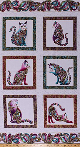 23.5" X 44" Panel Cats Animals Cat Pets Kitty Feline Paisleys Gold Metallic Shimmer Whimsical Cat-i-tude White Cotton Fabric Panel (B-2B-4200M-09)