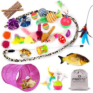 mibote 28pcs cat toys kitten toys assorted, cat tunnel catnip fish feather teaser wand fish fluffy mouse mice balls and bells toys for cat puppy kitty